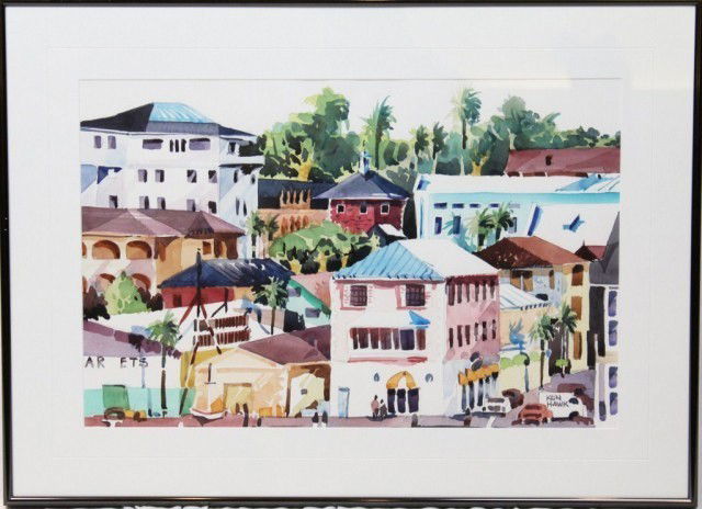 KEN HAWK - WATERCOLOR OF A VILLAGE SCENE : Lot 15080