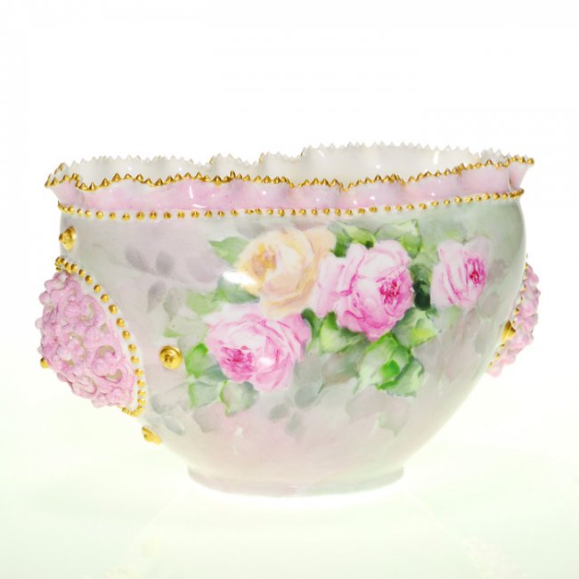 K.T.K. Lotus Ware oval vase, hand painted roses, 4” : Lot 385