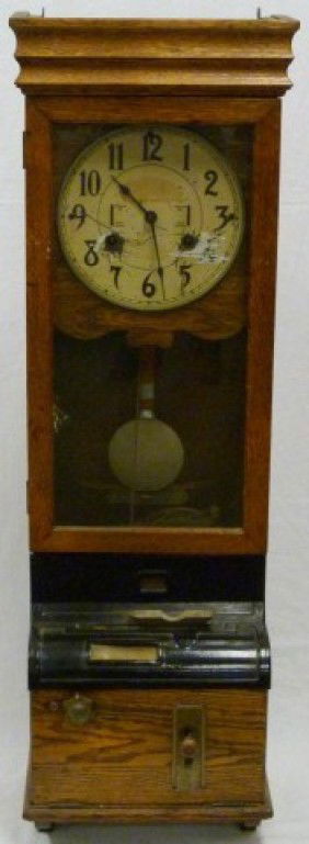 235: ANTIQUE WOODEN WALL PUNCH CARD TIME CLOCK : Lot 235