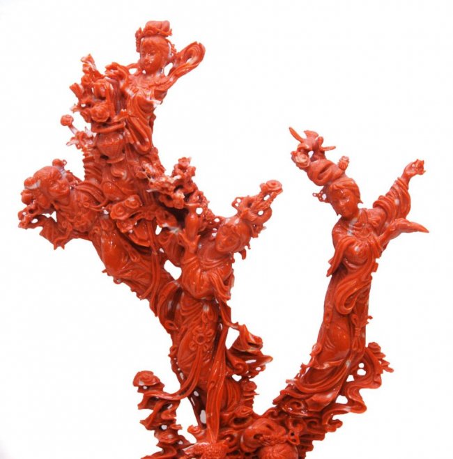 CHINESE INTRICATELY CARVED RED CORAL FIGURE GROUP : Lot 62