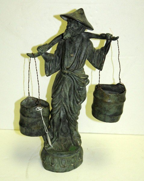 Chinese bronze statue of man carrying water with chop : Lot 117