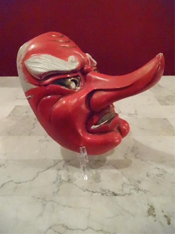ASIAN CARVED WOOD TENGU MASK, LONG NOSE, RED PAINTED : Lot 166