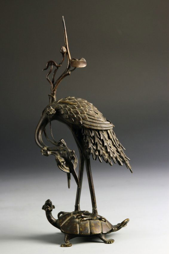 Chinese Bronze Crane On Turtle Lot 383