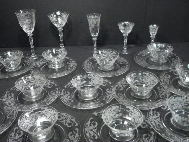 TIFFIN "BYZANTINE" ETCHED CRYSTAL STEMWARE & PLATES: 65 : Lot 403