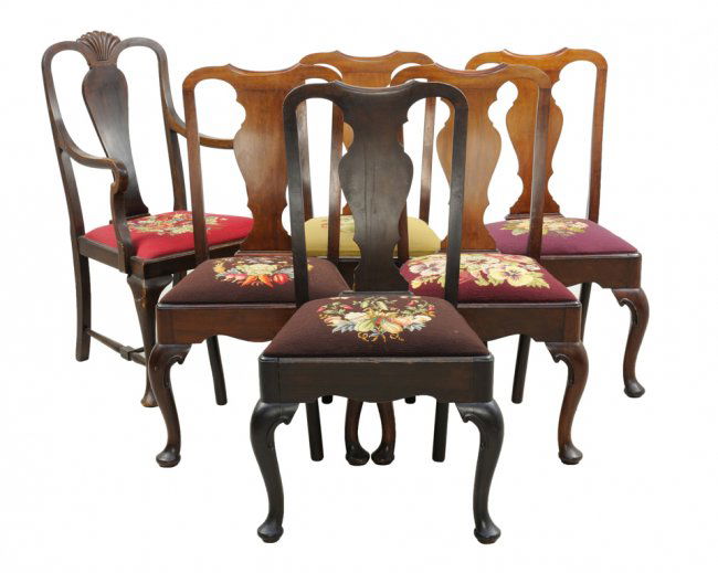 SIX ANTIQUE FIDDLEBACK CHAIRS WITH EMBROIDERED SEAT : Lot 171