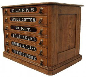 ANTIQUE OAK CLARKS SIX DRAWER SPOOL CABINET : Lot 71