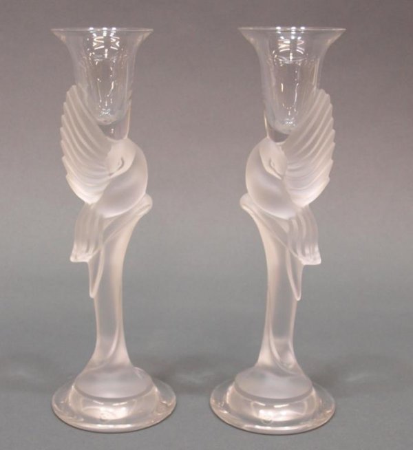 PAIR FABERGE FROSTED CRYSTAL DOVE CANDLESTICKS : Lot 2