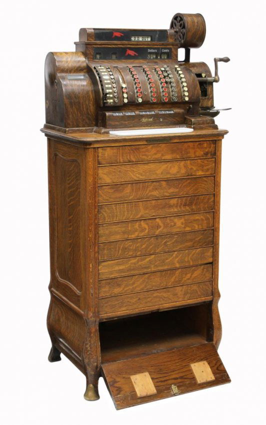 LARGE ANTIQUE NATIONAL CASH REGISTER ON OAK STAND : Lot 65