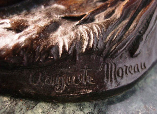 Bronze Art Neveau Statue Lamp, signed Auguste Moreau, s : Lot 276