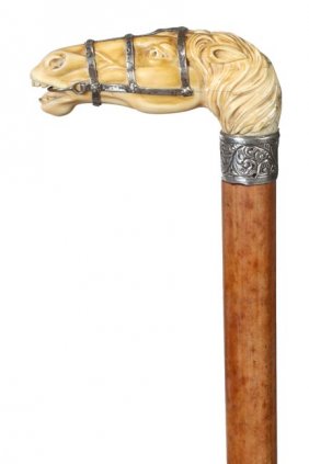 42. Ivory Horse Cane- Ca. 1900- A fine carved handle wi : Lot 42