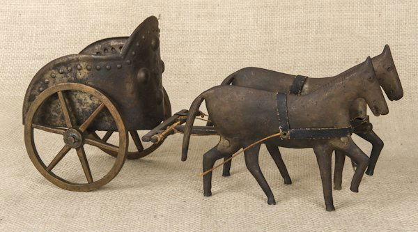 Homemade tin horse drawn chariot, 12 1/4'' l. : Lot 172