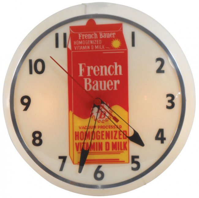 Advertising clock, French Bauer Milk, electric light-up : Lot 331