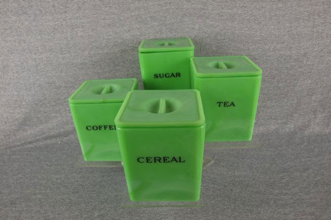 Jadeite 4 piece canister set - "Sugar", "Coffee", "Te : Lot 758
