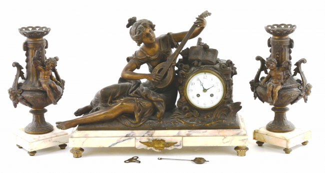 Auguste Moreau Bronze Spelter & Marble Mantle Clock : Lot 89