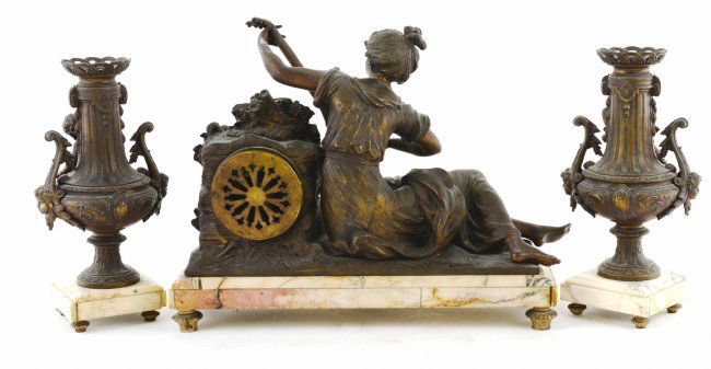 Auguste Moreau Bronze Spelter & Marble Mantle Clock : Lot 89