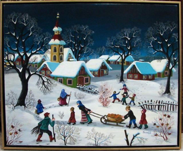 90: Oil Painting, Primitive Winter Scene, A. Kowalski. : Lot 90